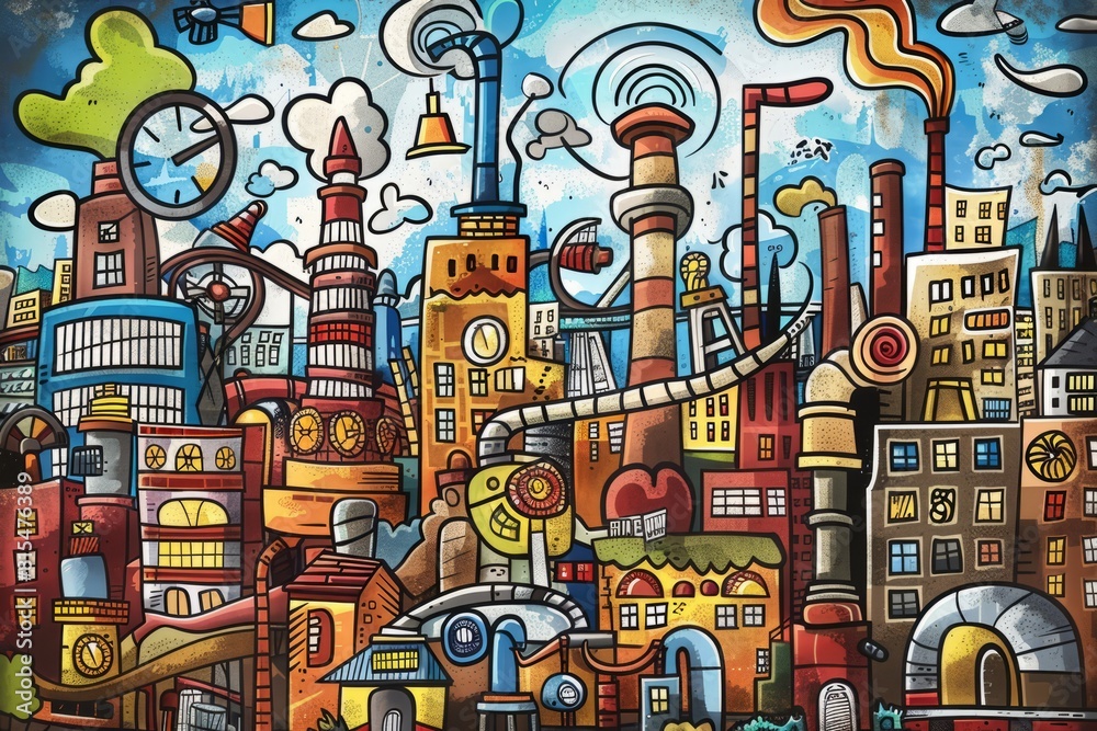 Cartoon cute doodles of industrial-themed collages combining images of ...