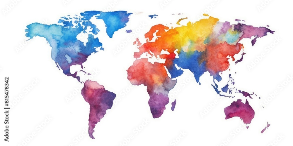 Watercolor map of the world with splashes of vibrant colors and a white ...