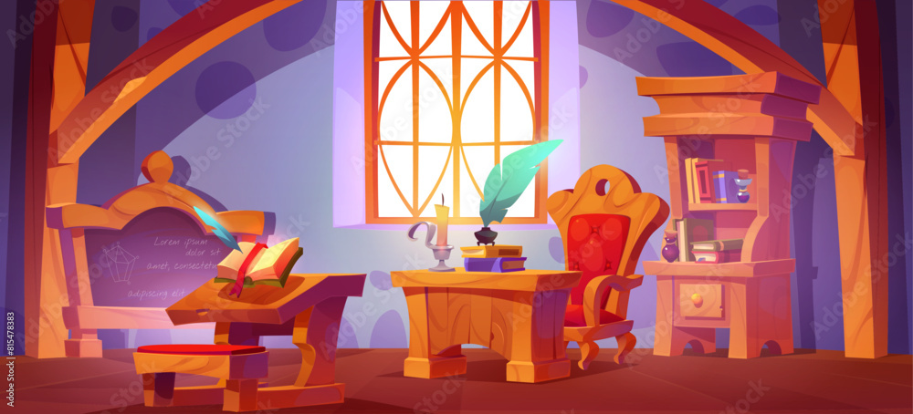 Magic school classroom interior with wooden furniture and studying ...