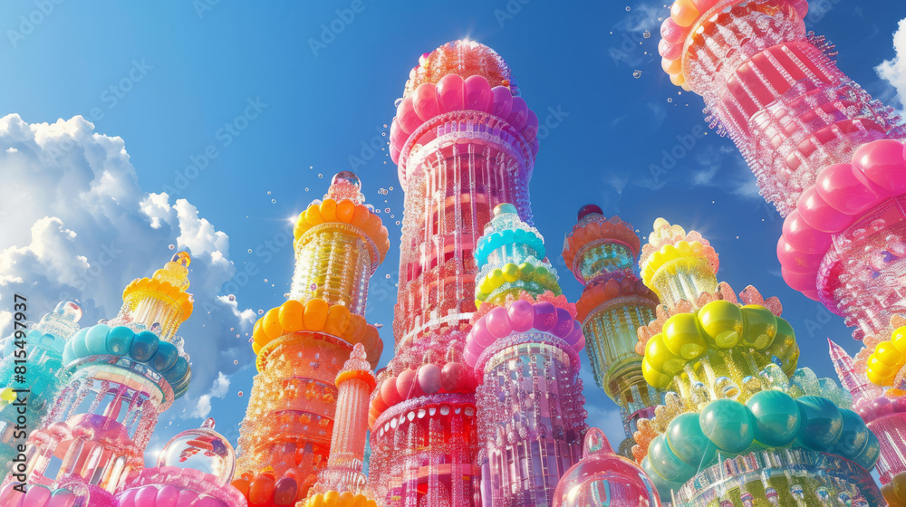 Colorful jelly towers rise high, forming a whimsical building that ...