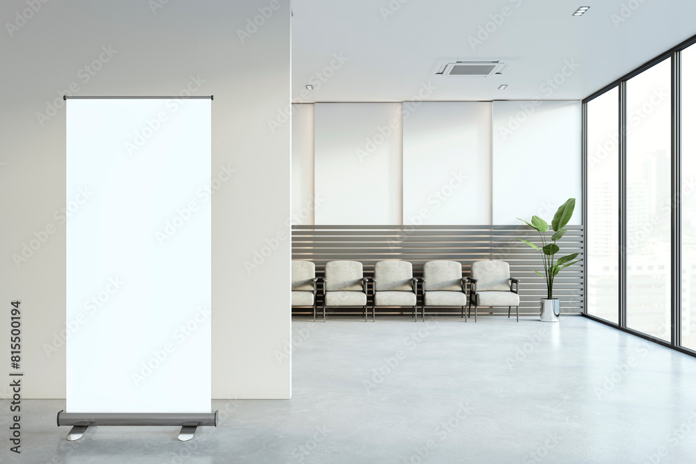 Sleek waiting room design featuring a roll-up banner for customizable ...