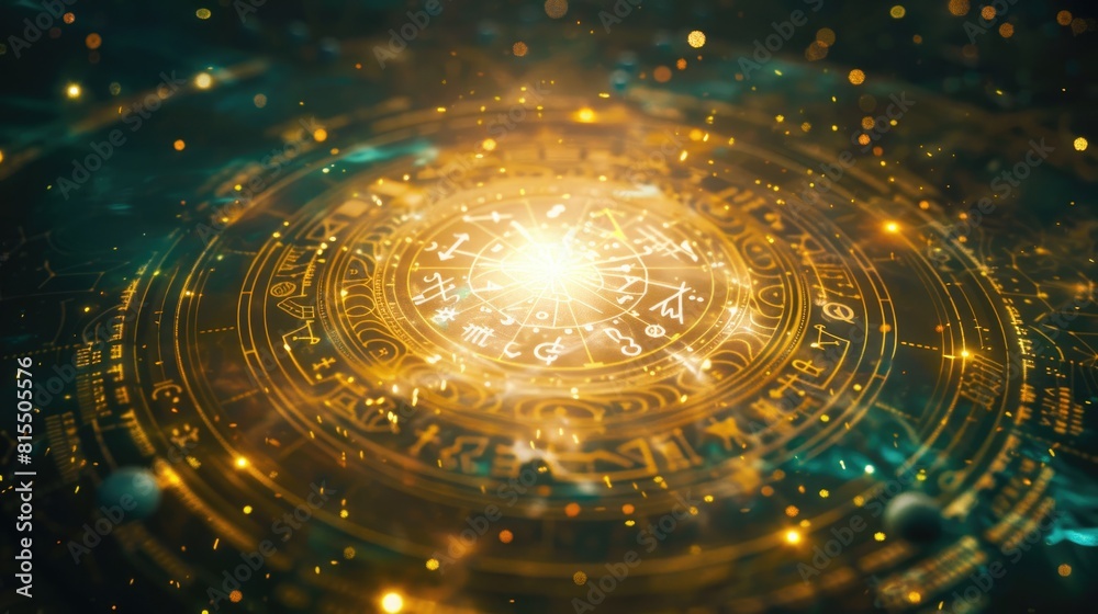 Complex cosmic astrology chart with zodiac symbols and glowing ...