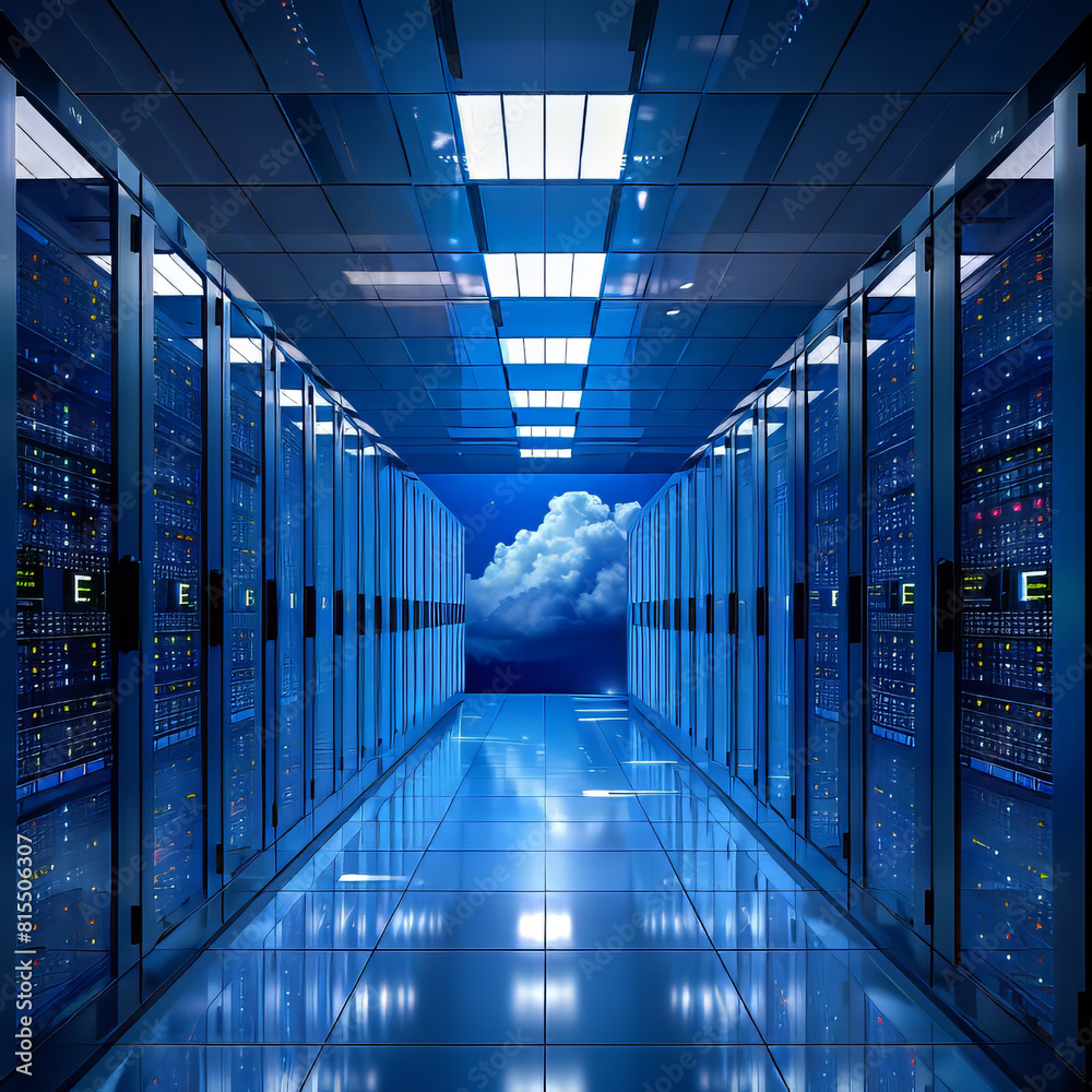 Futuristic data center with rows of server racks under a surreal cloud ...