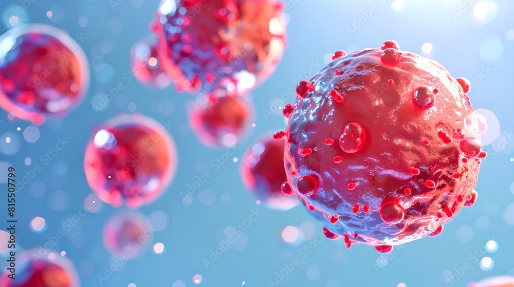 High-resolution 3D rendered image of floating red cells in a blue ...