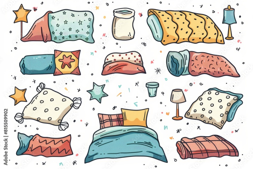 Cartoon cute doodles of cozy bedding sets with soft duvets, fluffy ...