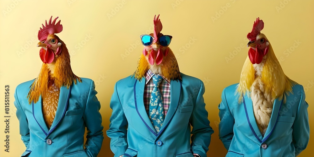 Three chickens in colorful suits and sunglasses on yellow background ...