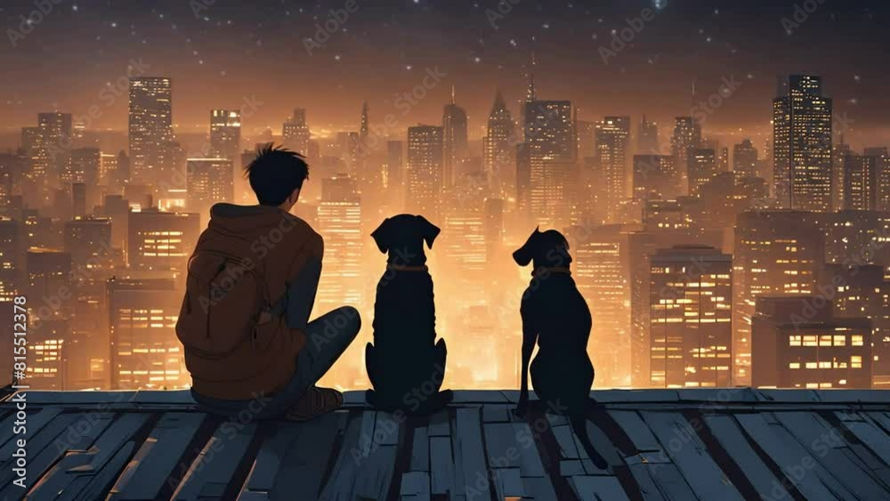 Boy Enjoys the Night Sky with His Dogs, City Skyline Illuminated with ...