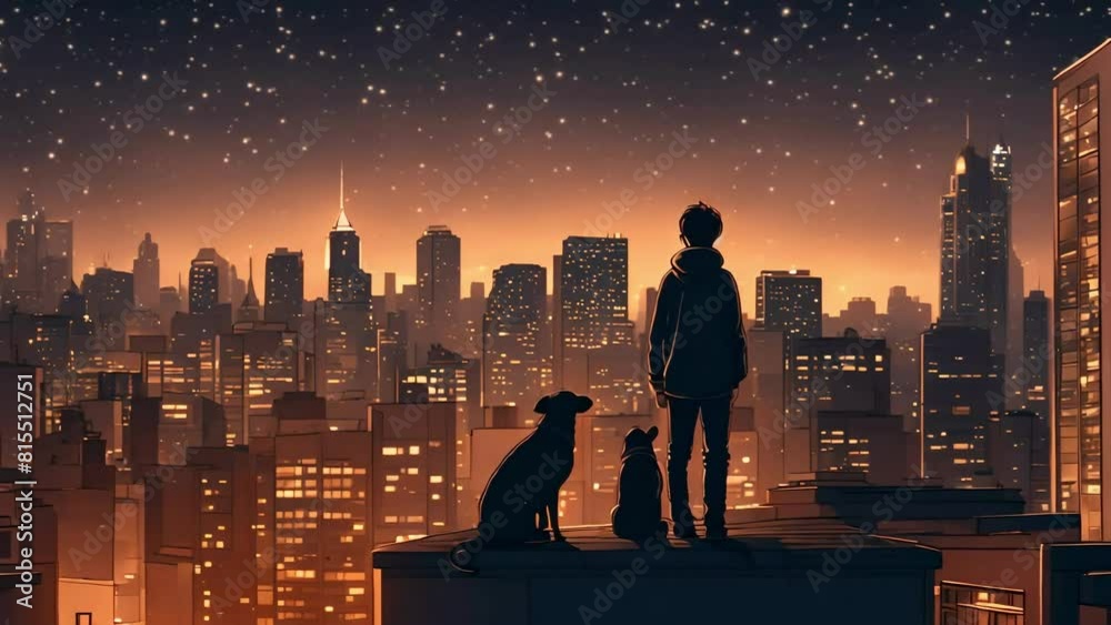Boy Enjoys the Night Sky with His Dogs, City Skyline Illuminated with ...