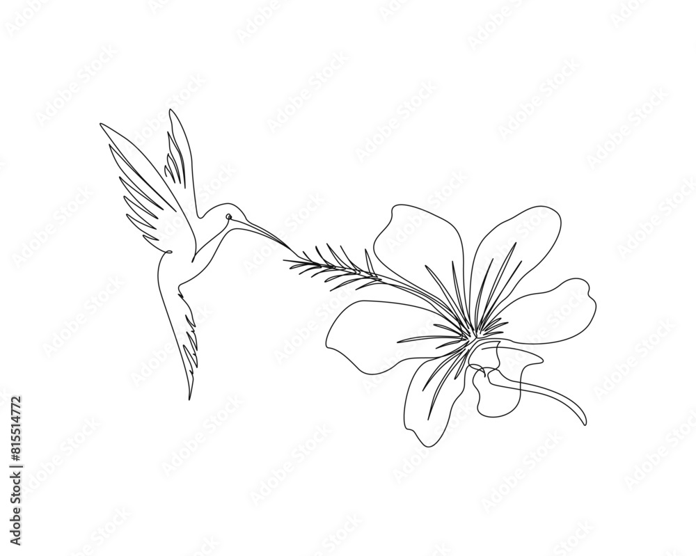Continuous one line drawing of hummingbird with hibiscus flowers ...