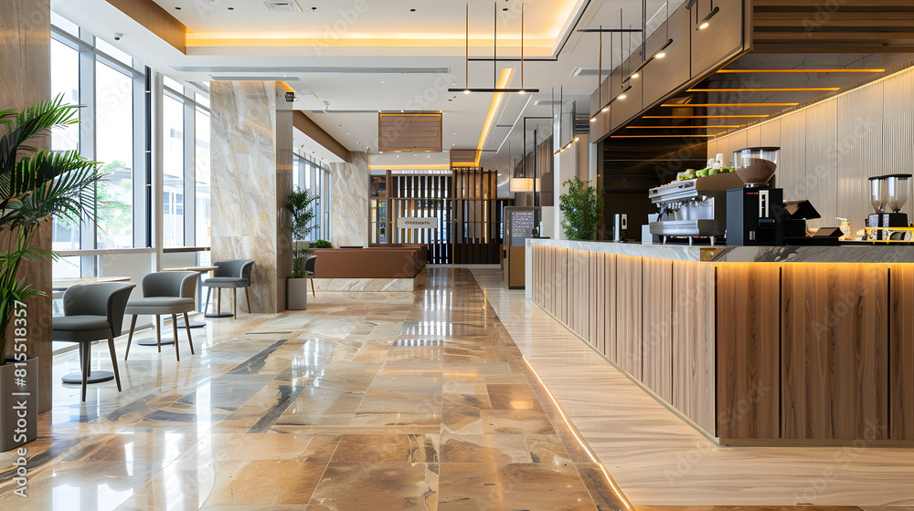 Light wooden and marble tile floor interior of modern cafe with double ...
