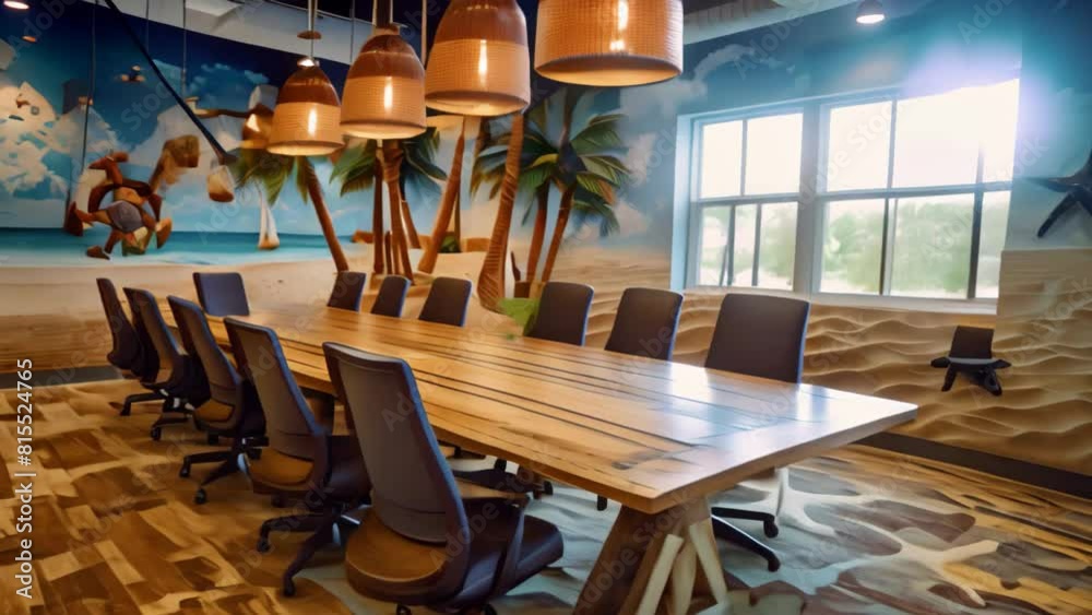 A large wooden table positioned in front of a window in a beach-themed ...