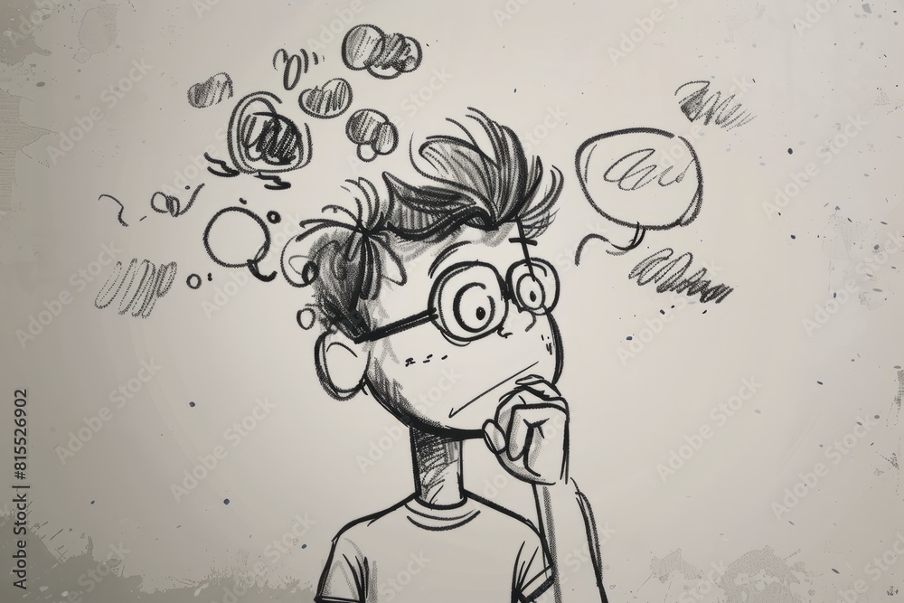 Cartoon cute doodles of a character with a concentrated gaze, lost in ...