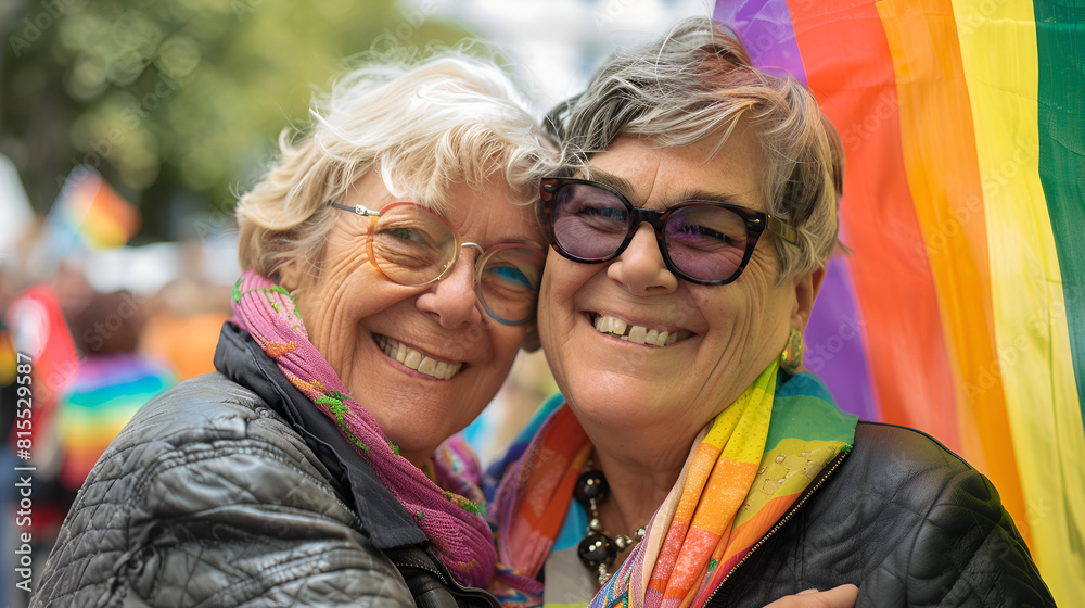 elderly happy rainbow pride gay hugging copy flag couple embracing with ...