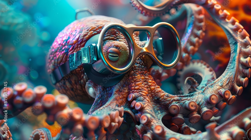 Present a close-up of an octopus in a diving helmet, portrait, focusing ...