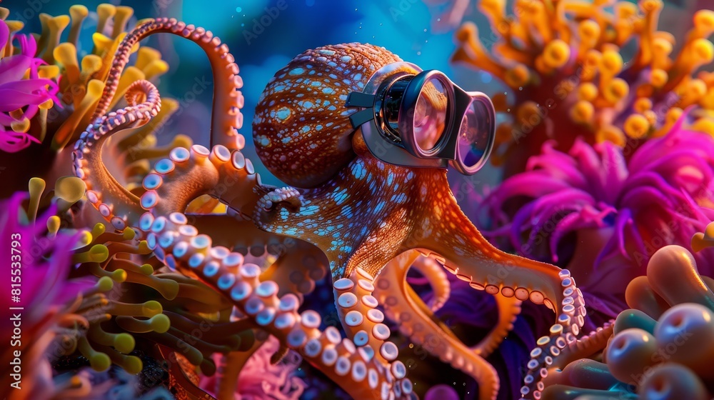 Zoom in on an octopus in a diving helmet playing among sea anemones ...