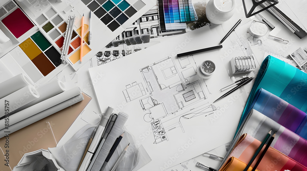 Interior designers working table an architectural plan of the house a ...