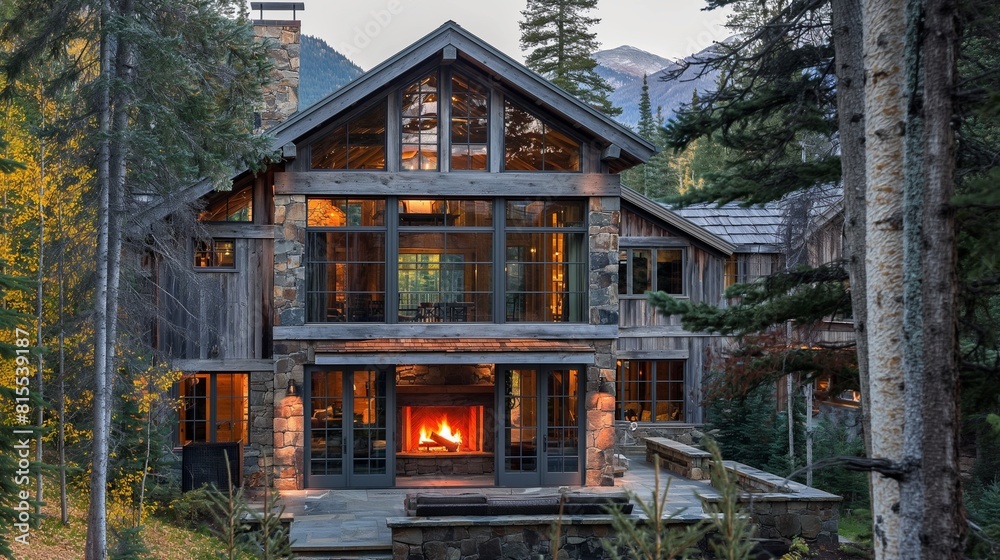 A rustic mountain retreat home with natural stone and aged wood siding ...