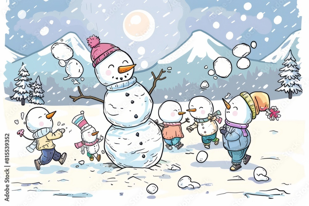 Cartoon cute doodles of faceless characters building a snowman and ...