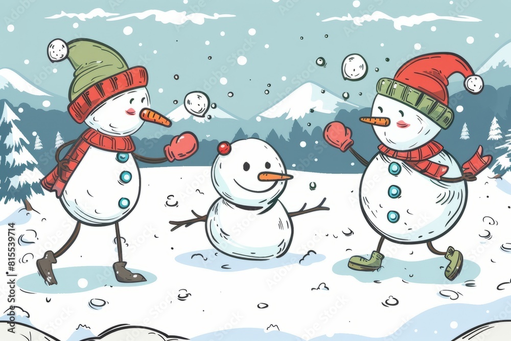 Cartoon cute doodles of faceless characters building a snowman and ...