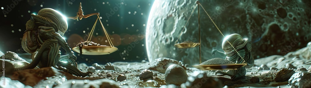 Aliens using a scale to trade resources between the Moon and Earth ...