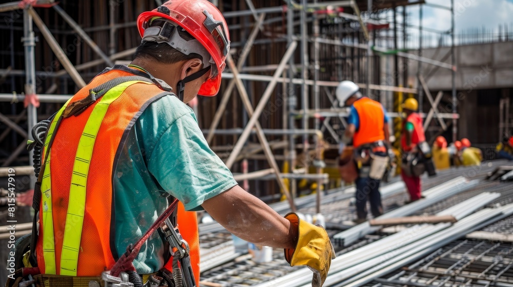 Detailed view of a construction worksite for a wood frame story house ...