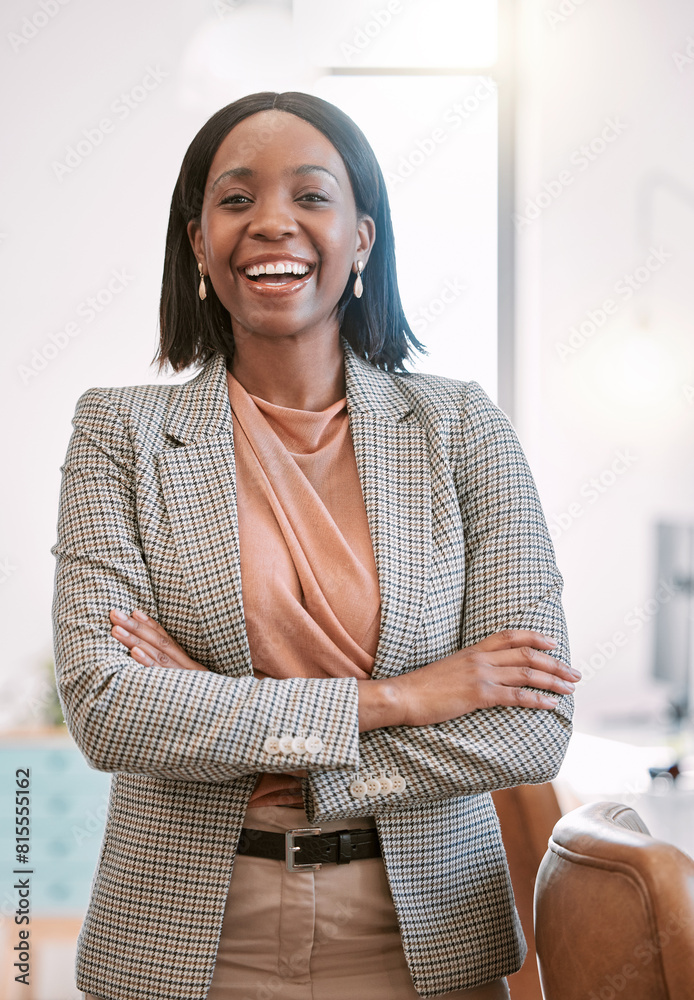 Office, happy and portrait of black woman with smile for professional ...