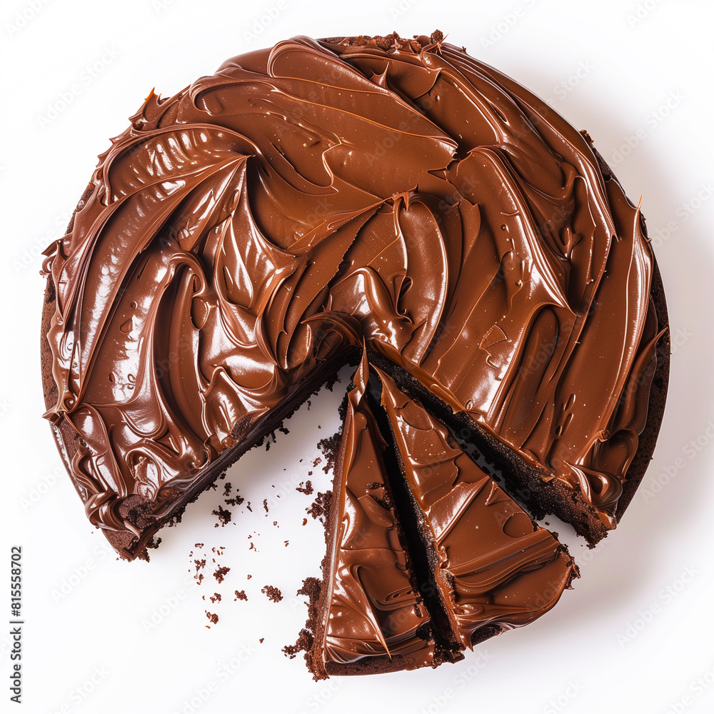 Top Down chocolate cake with chocolate frosting cut into pieces on a ...