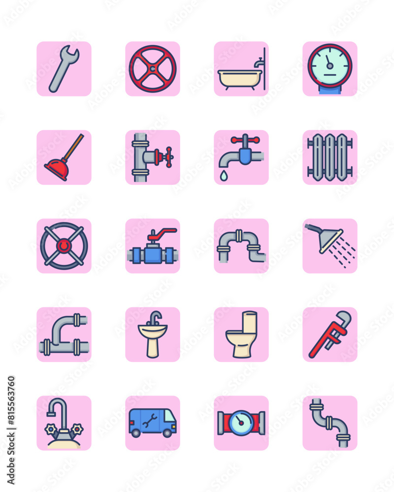 Plumbing line icon set. Bath pipes, shower, water, toilet drain, valve ...