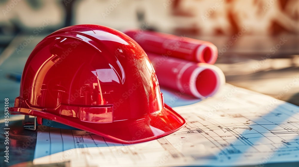 Striking Capture of a Ruby Red Construction Helmet and Blueprints on a Site Table, Planning and ...