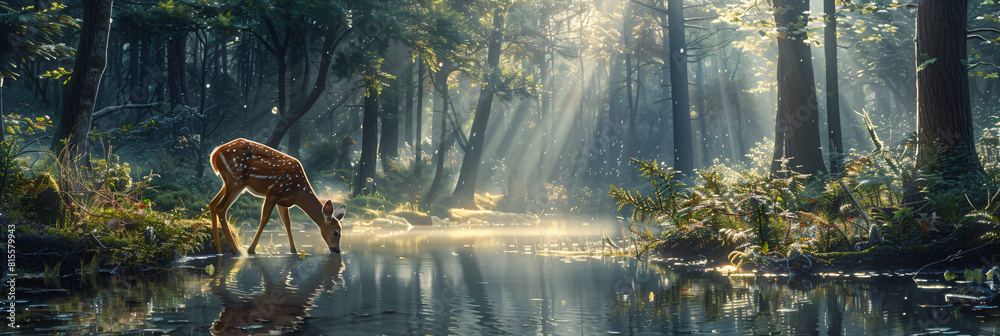 Fawn drinking from a forest stream with morning sun rays. High ...