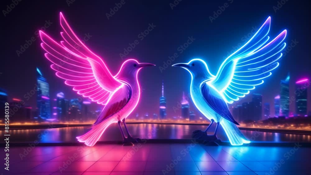 Two neon hummingbirds, one pink and one blue, face each other against a ...