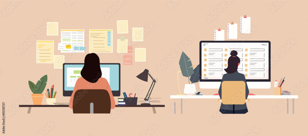 Cartoon flat modern illustration of a woman with a list of tasks and ...