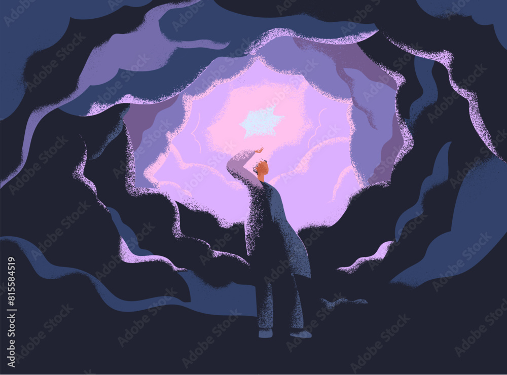 Man reaching for glowing celestial unknown light. Hope, mystery, magic ...