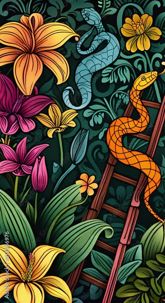 minimal line art theme, minimal snakes and minimal wooden retro stairs ...