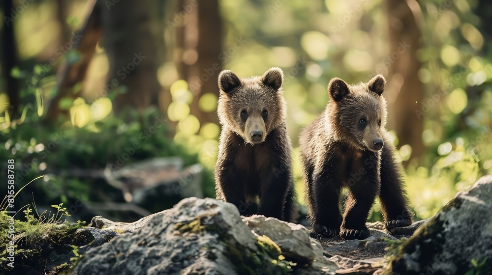 Two young brown bear cub in the forest Portrait of brown bear animal in ...