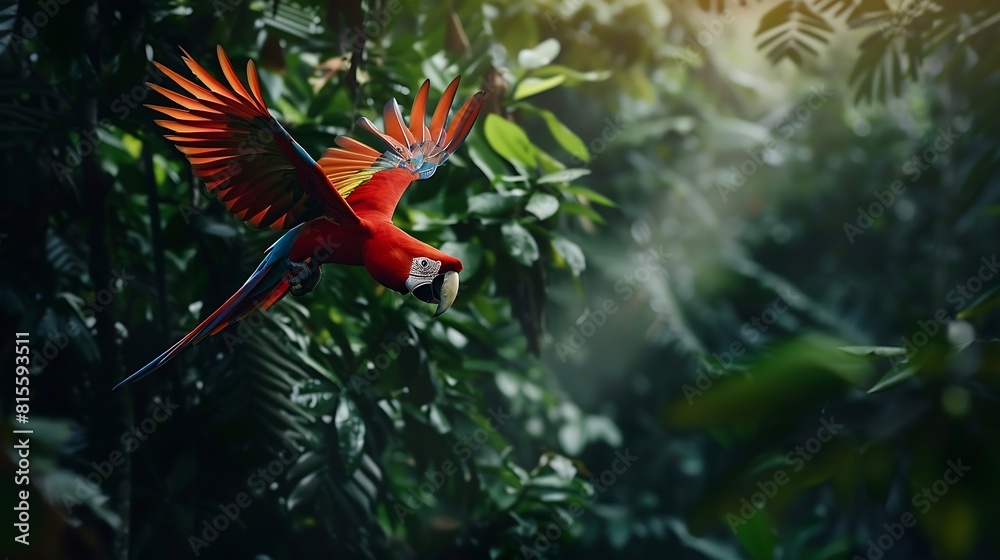 Hybrid parrots in forest Macaw parrot flying in dark green vegetation ...