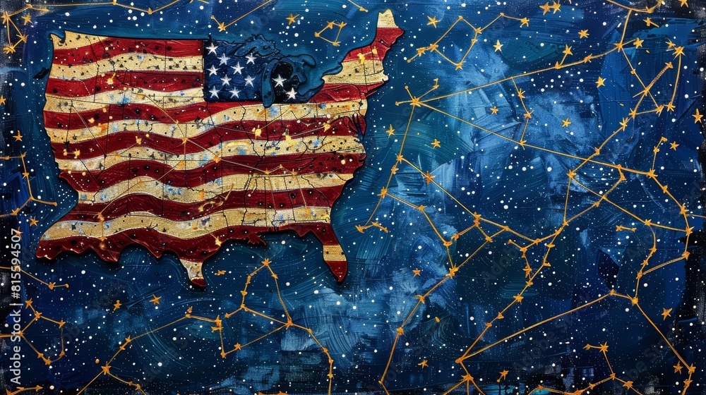 Starry Sky with Constellations, American flag overlaid on a map of ...