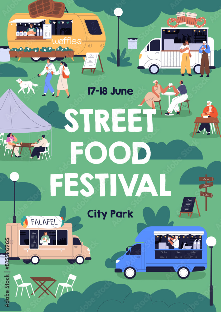 Street food festival poster design. Summer outdoor fest, market with ...