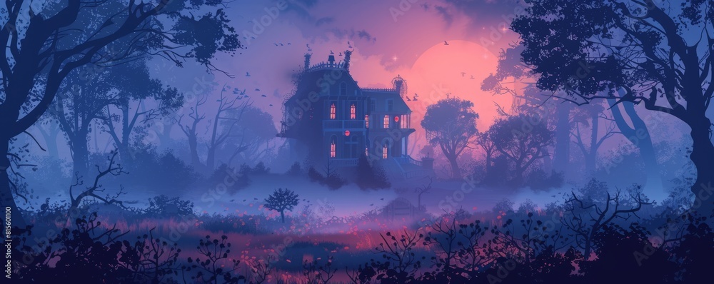 A haunted mansion hidden in the misty moors, its crumbling facade and ...