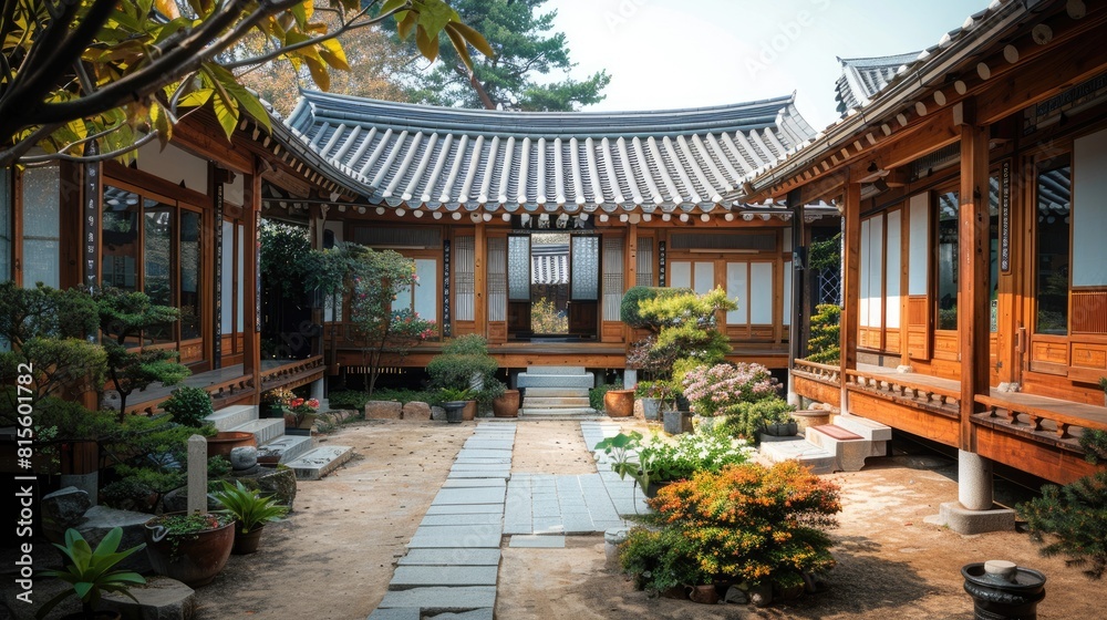The photo shows a traditional Korean courtyard house with a tiled roof ...
