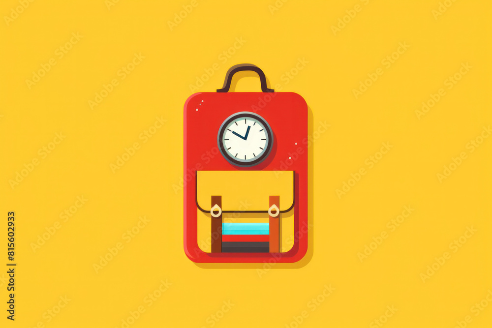 A playful cartoon illustration of a red backpack with a clock on a ...
