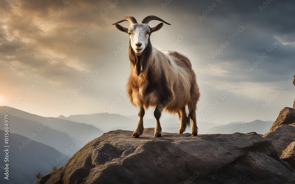 Curious goat in a mountainous landscape, rugged terrain and clear sky ...