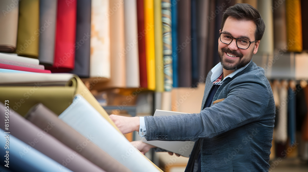 Professional male sales manager demonstrating various samples of ...