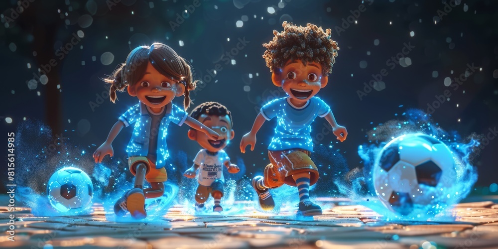 Futuristic cartoon kids playing holographic augmented reality sports ...