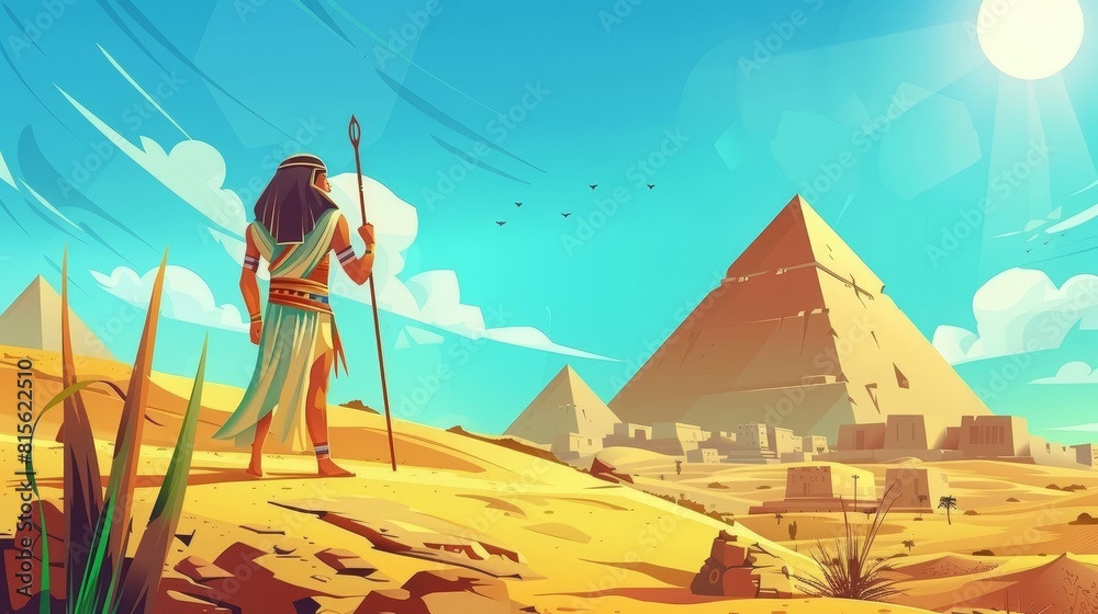 An ancient Egyptian pharaoh with a rod and pyramids in a yellow desert ...
