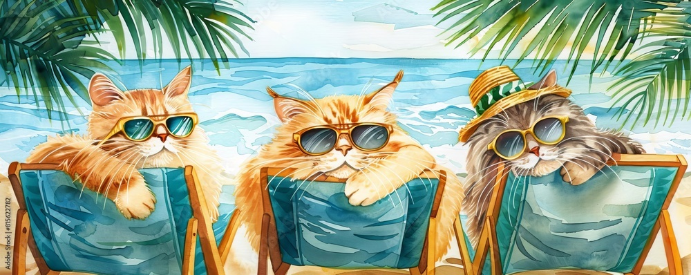 Cats wearing sunglasses and hats, lounging on beach chairs, sunbathing ...