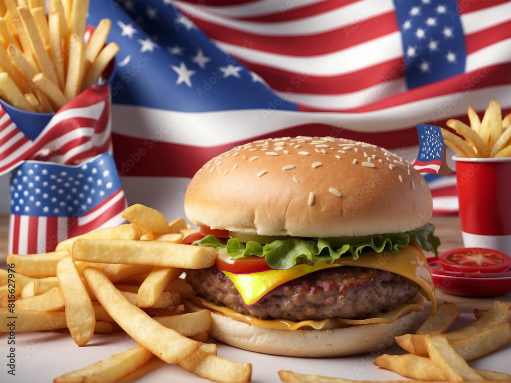 Big cheese burger and french fries with an American flags decoration ...