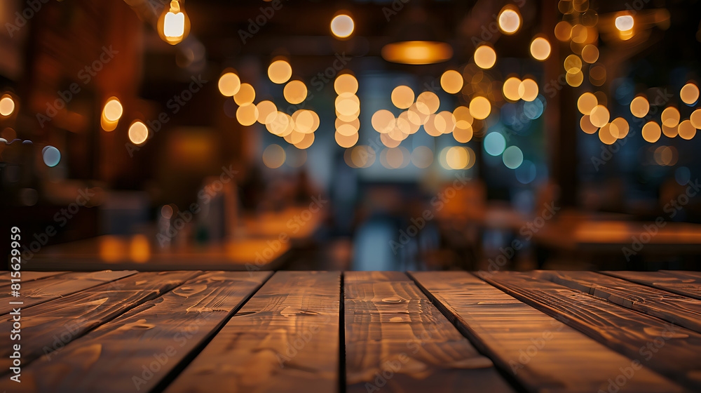 Empty wooden table mockup with cafe background blur lighting Stock ...