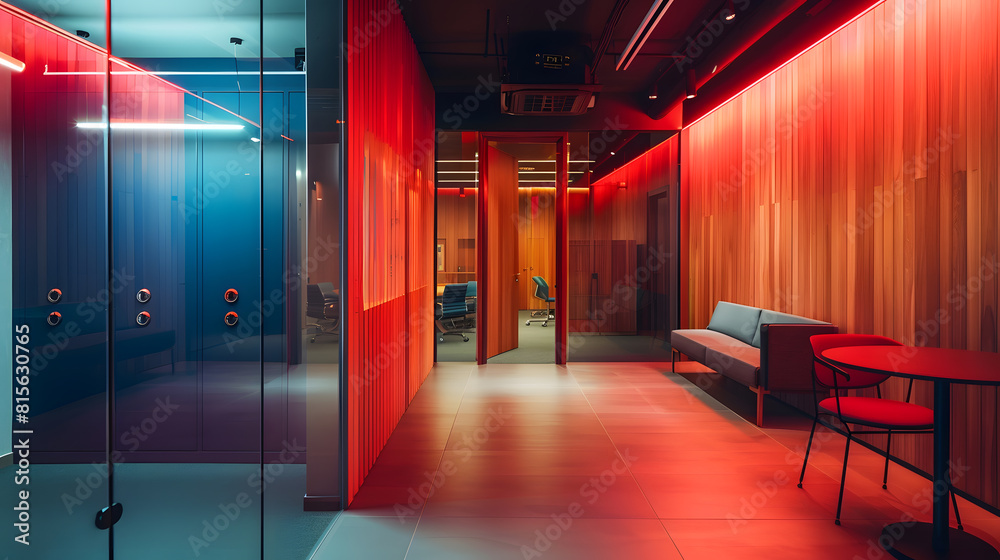 Modern business interior with wooden walls There is a red glass wall ...