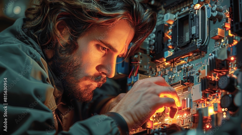 Illustrate a technician diagnosing and repairing a malfunctioning ...